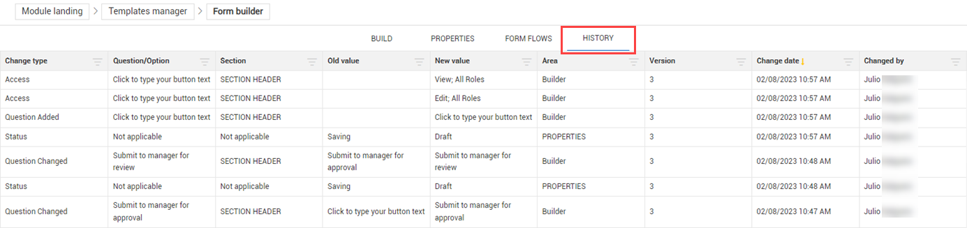 InEight Completions - Template History Tab